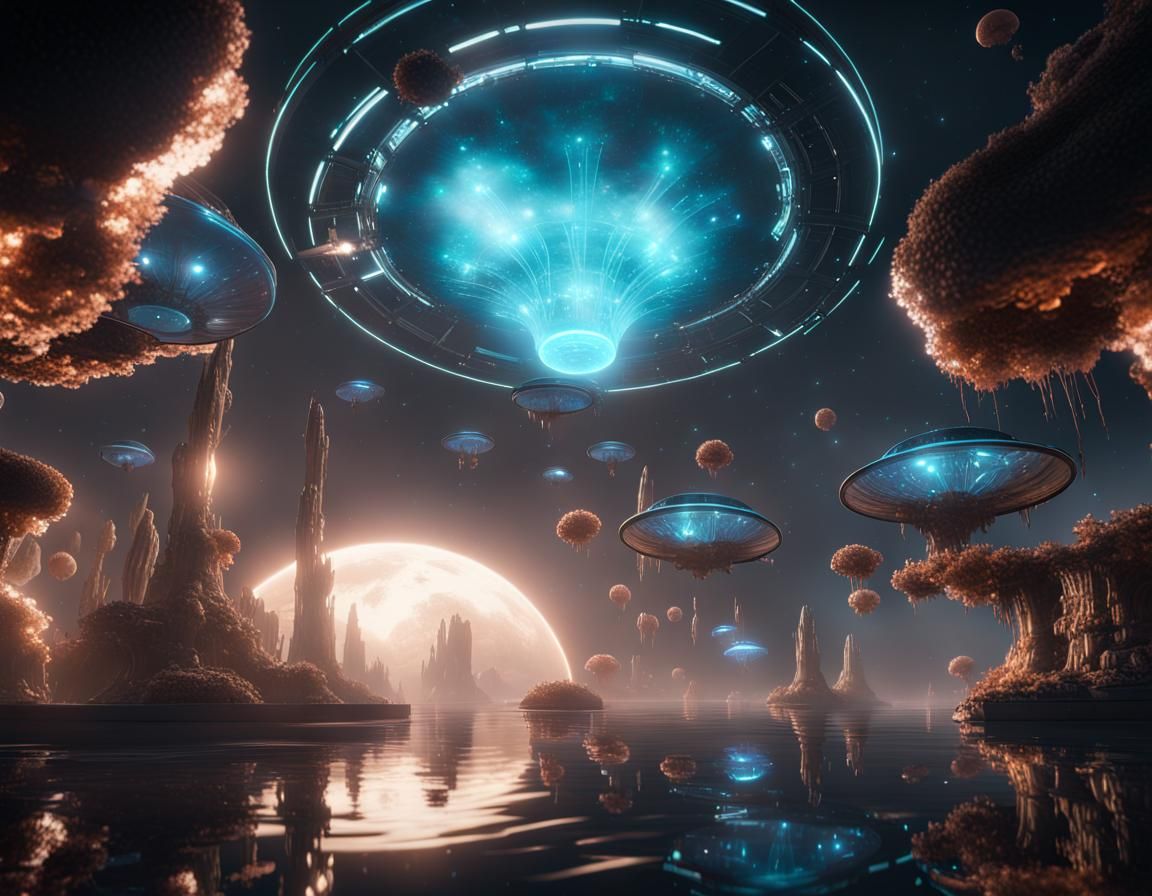 “Advanced civilization build in glowing jellyfishes, hyper realistic ...