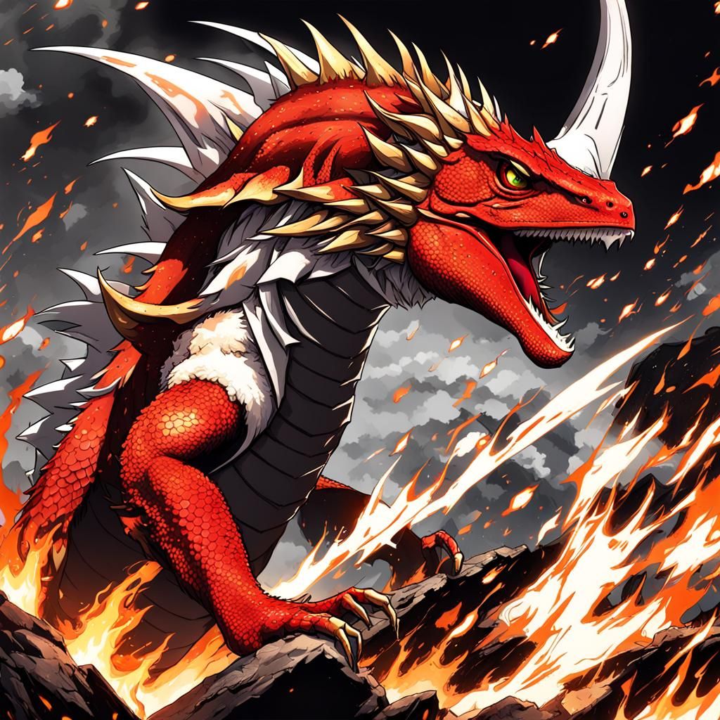 A small red lizard with fire on their tale a big white horn coming out ...