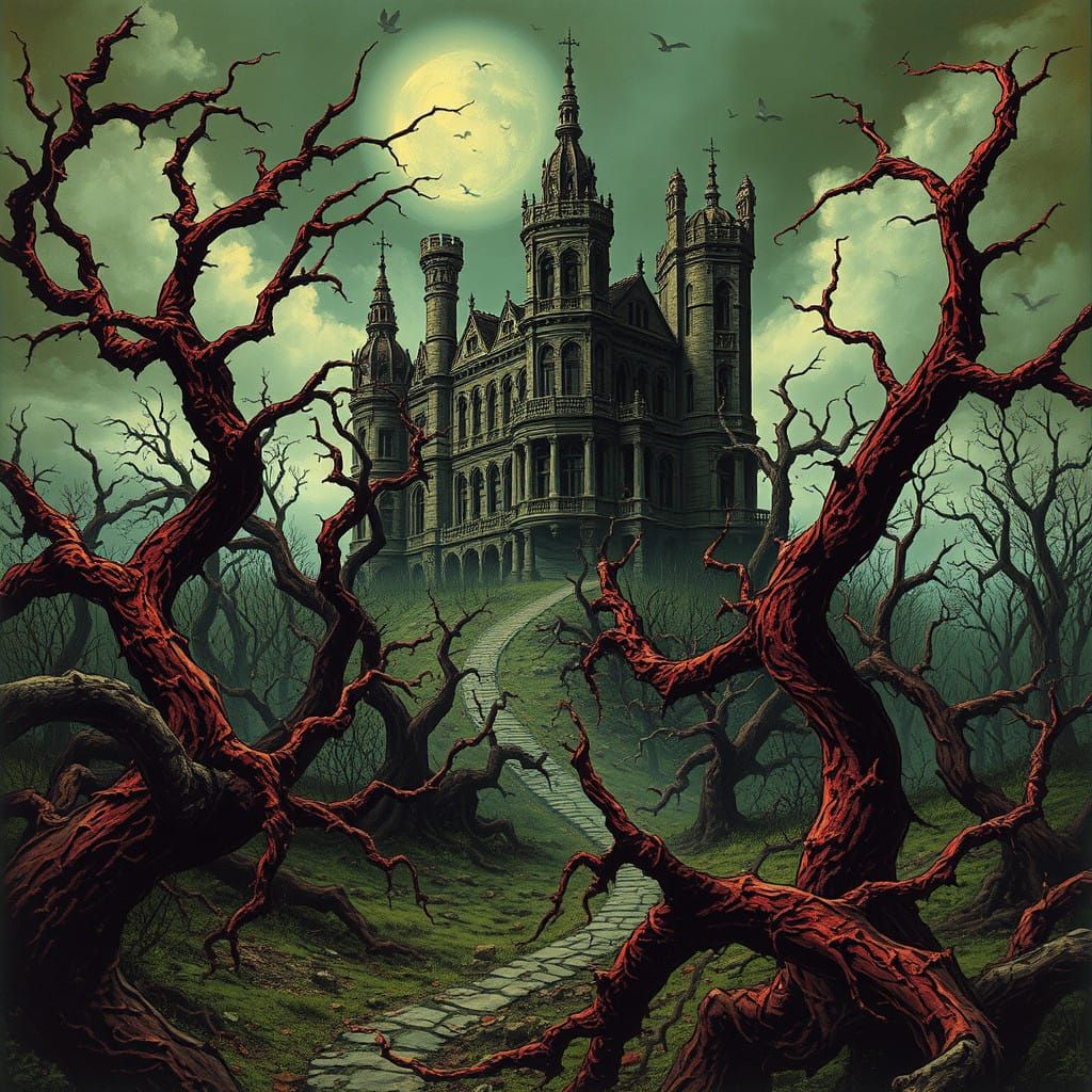 Dark Gothic Landscape of Twisted Terror in Muted C... - AI Art