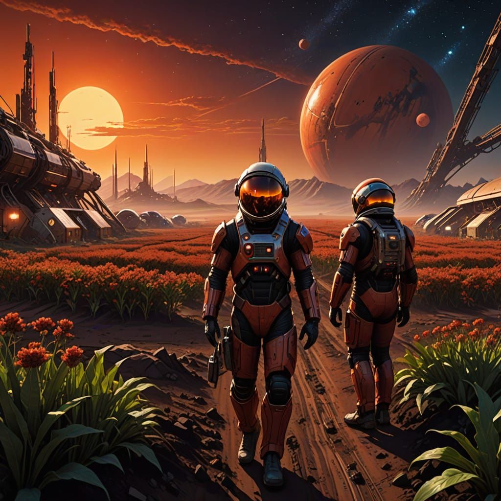 Mars Colonists Harvest Crops Under Futuristic Mach... - AI Art