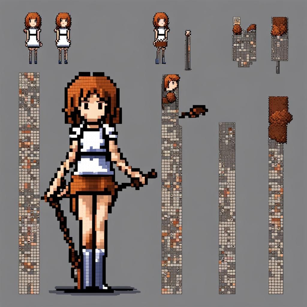 a girl with a staff as a pixel art character... sprite sheet - AI ...