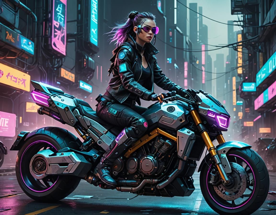 Cyberpunk female riding a futuristic motorcycle. - AI Generated Artwork ...