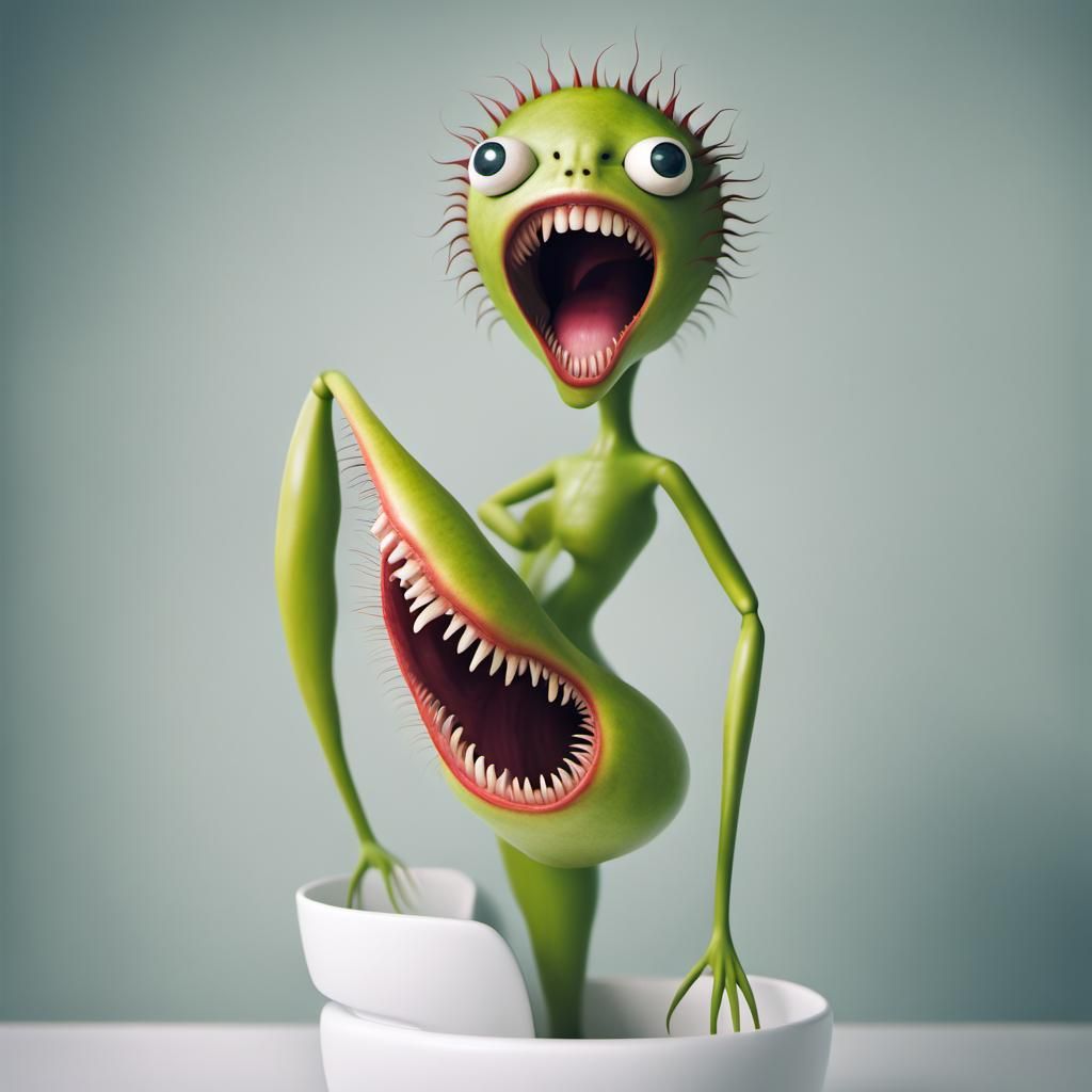 Whimsical dreamy Anthropomorphic Venus Flytrap-Woman Hybrid Humanoid Venus Flytrap with eyes ...