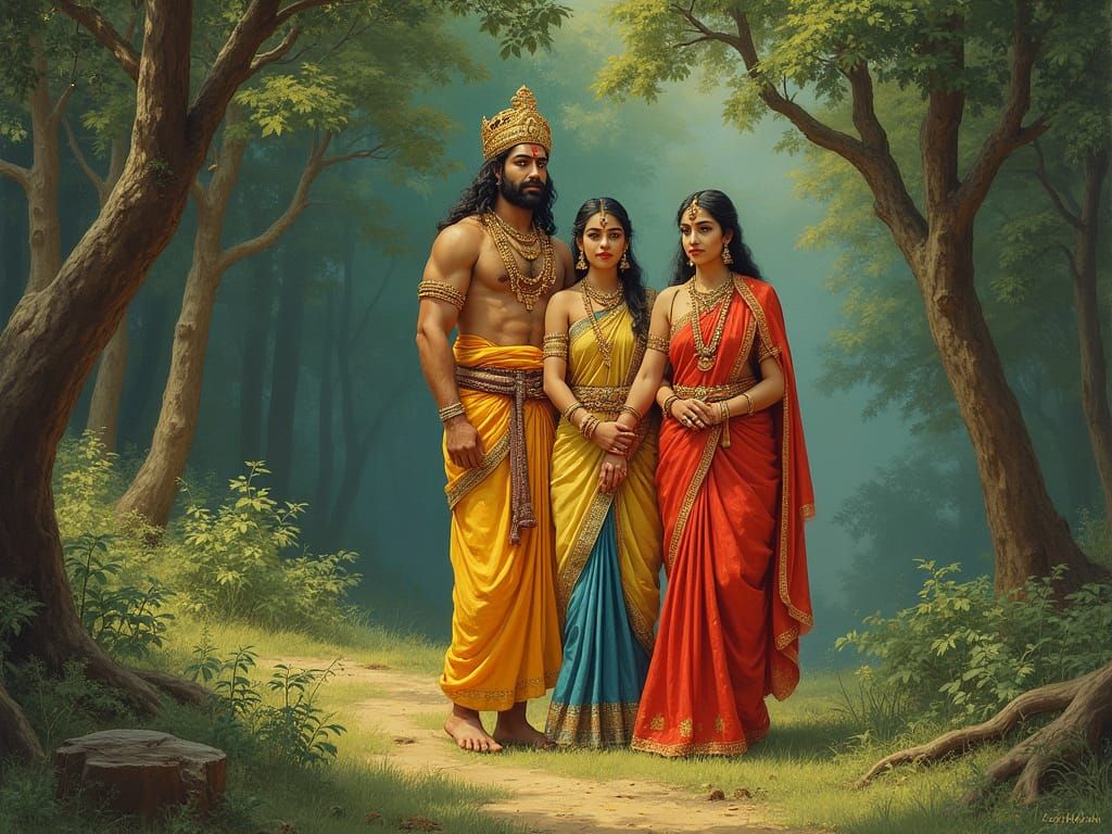 King Pandu and Wives in Forest, Classical Indian S... - AI Art