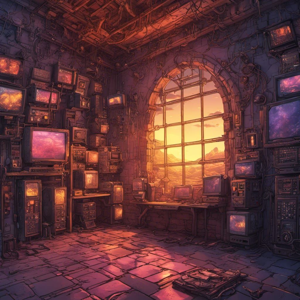in door, medieval building, wall full of computer screens, fantasy ...