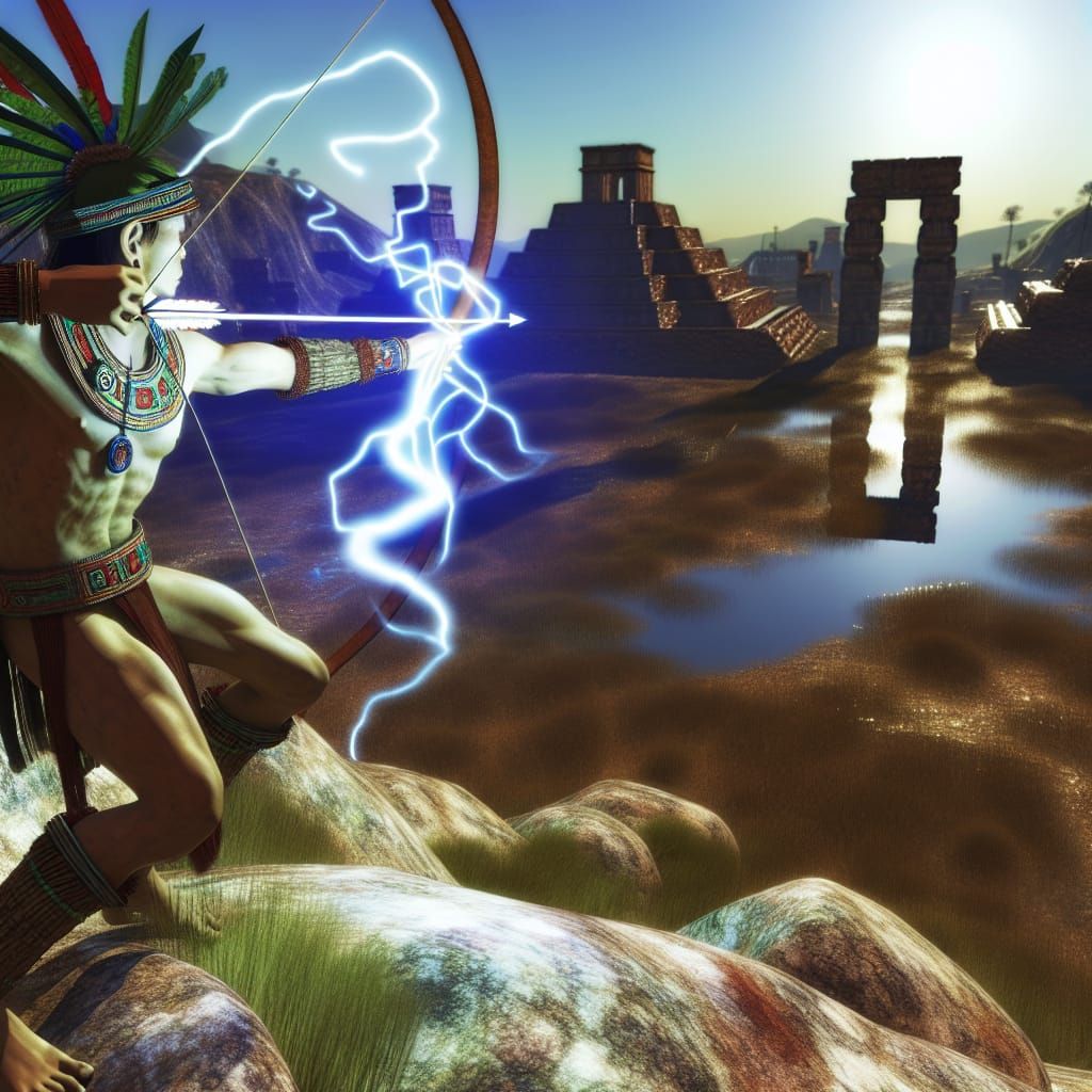 aztec archer aiming his bow into the distance, epic shot, ray tracing ...