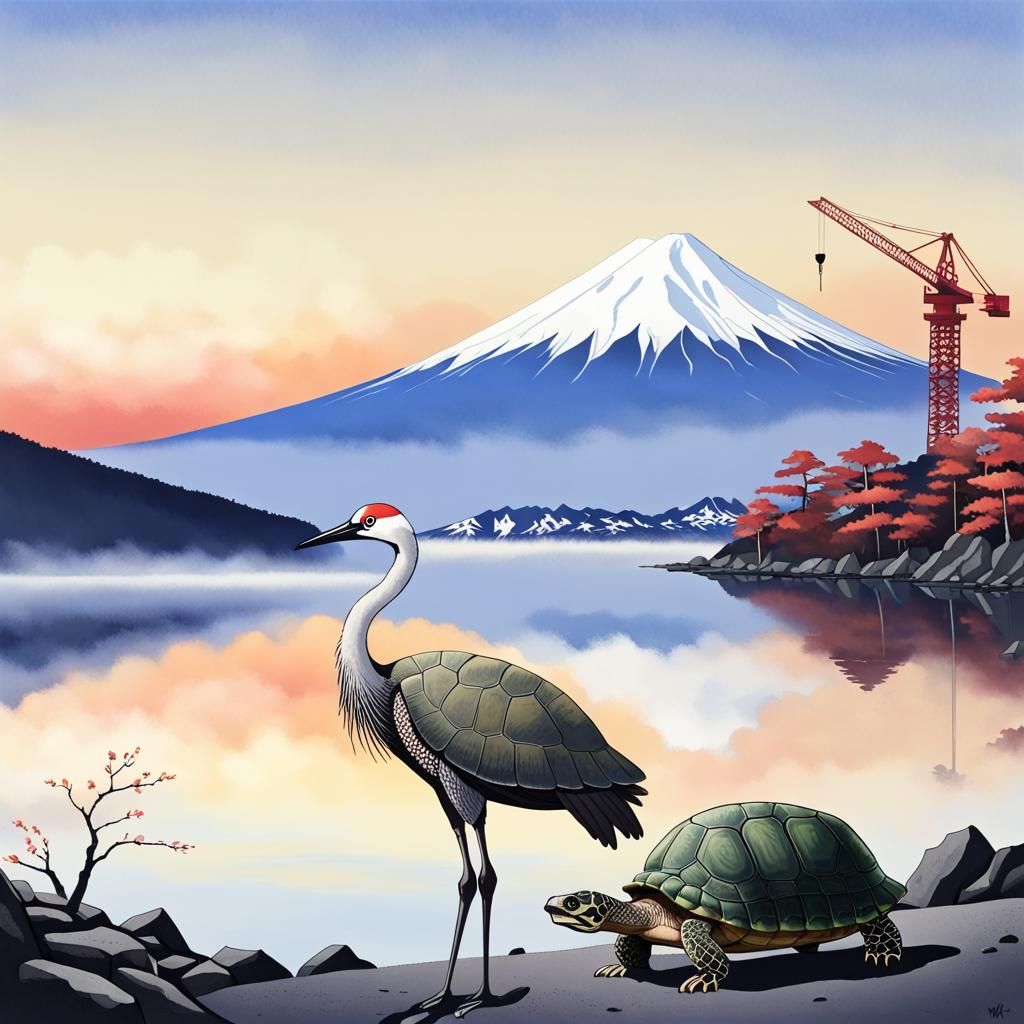 Crane, Mt. Fuji, turtle - AI Generated Artwork - NightCafe Creator