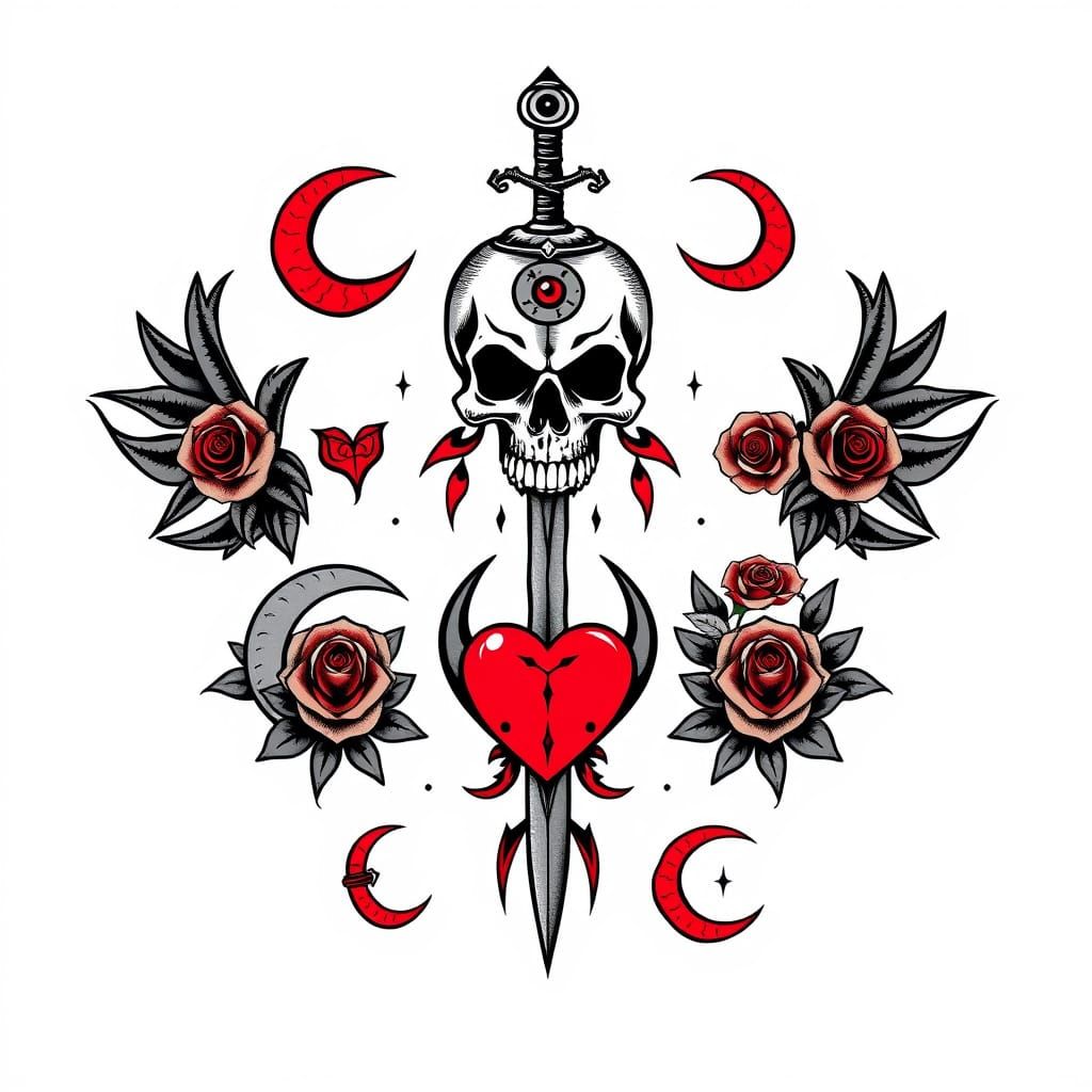 Mystic Death & Love” – Gothic Flash Tattoo Sheet
