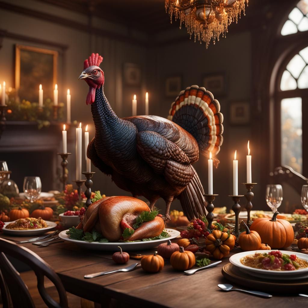 a living turkey on a dining room table during a Thanksgiving meal with ...