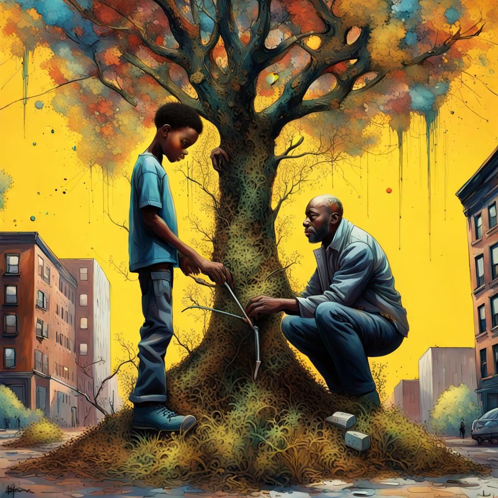 A human cyborg father, together with his son, plant a tree in Harlem ...