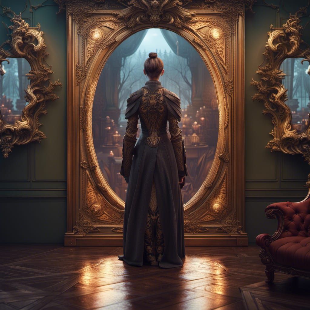 Create an image of a person standing in front of a mirror with an ...