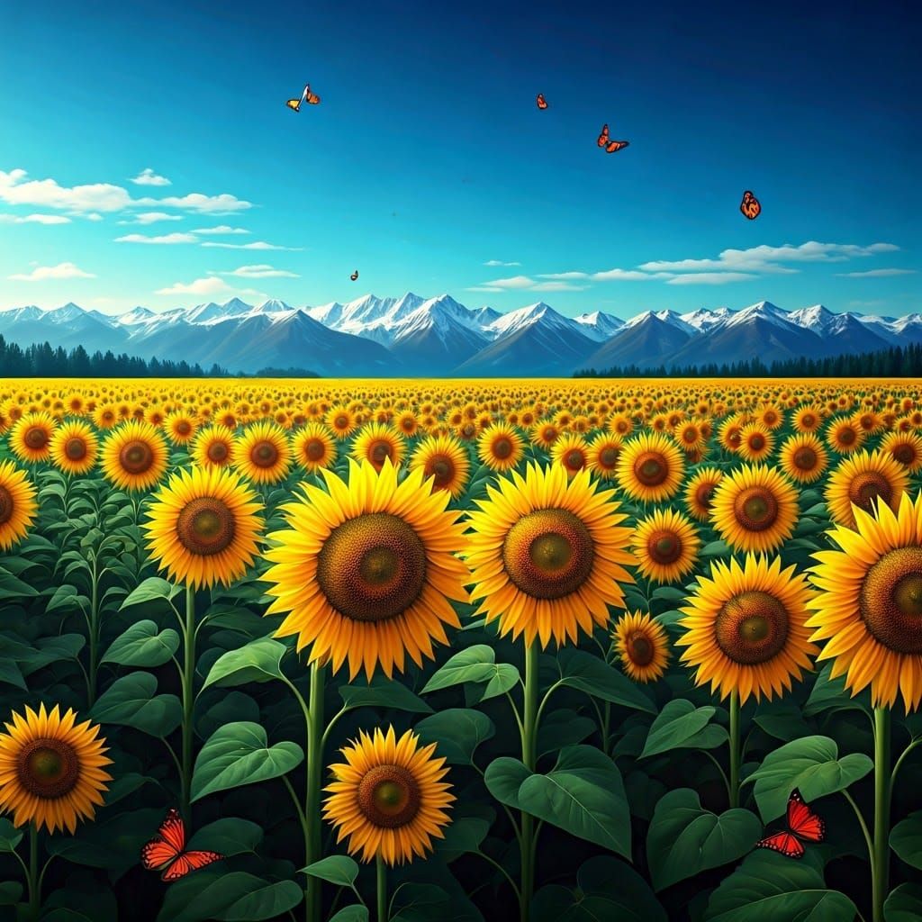 Cosmic Sunflower Field Under Blue Skies - AI Art