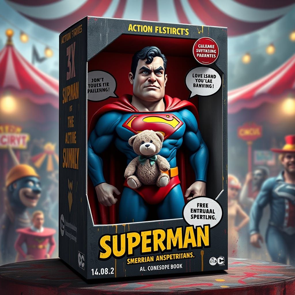 A parody action figure box featuring a goofy Superman in a box with a ...
