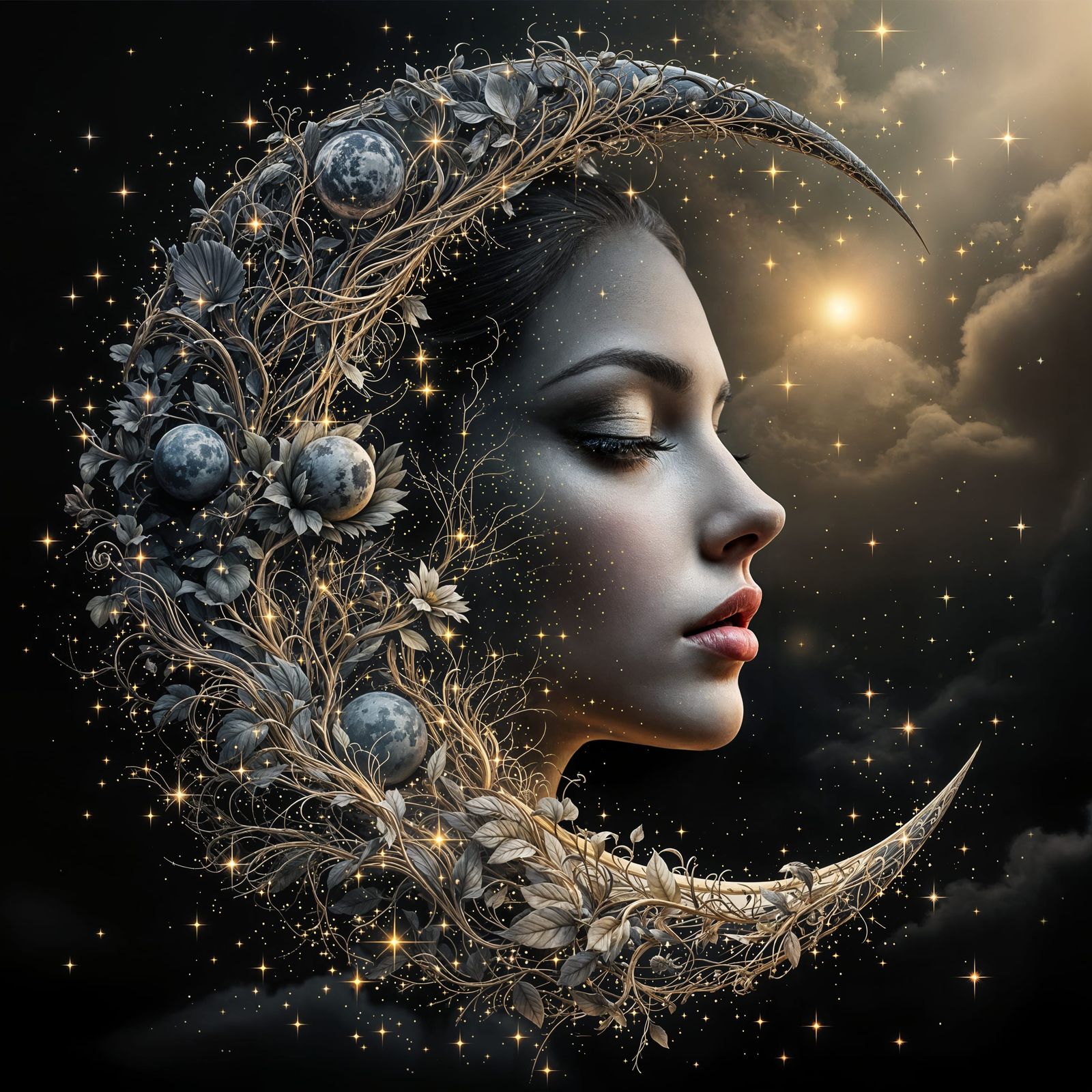 Beauty and the Moon - Surreal Crescent Moon Portrait in Doub...