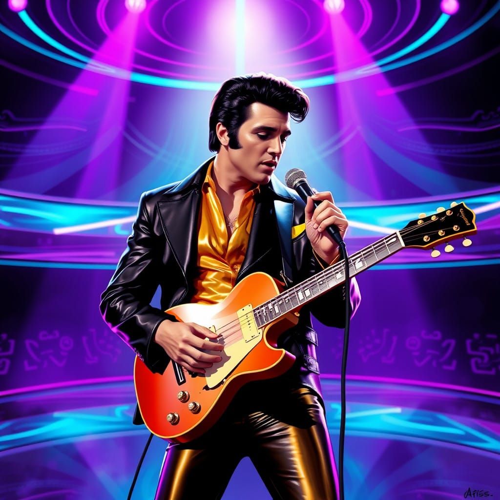 Elvis in a Futuristic Concert Hall, Performing 'Yo... - AI Art