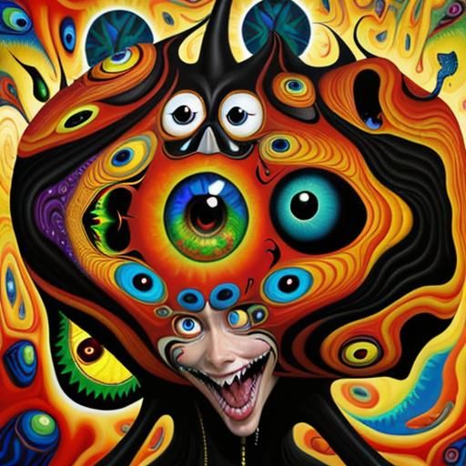 A captivating oil painting by a surrealist depicts surreal creatures ...