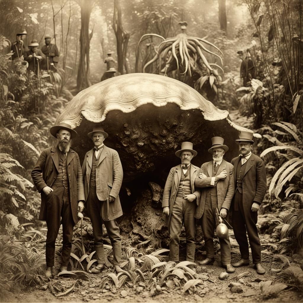 a vintage-style photograph depicting a group of explorers from the ...