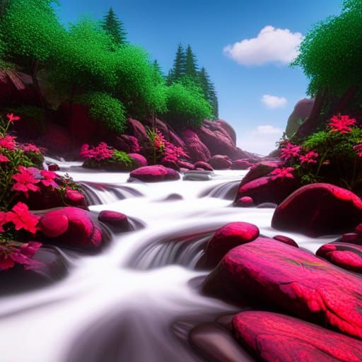 River of liquid glass and giant ruby rocks in the rapids,emerald moss ...