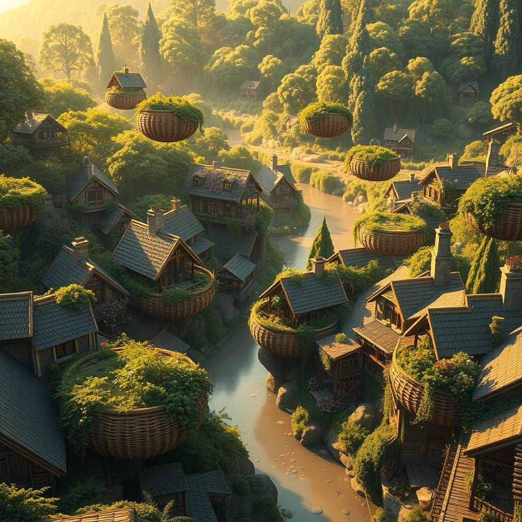 solarpunk village with floating gardens