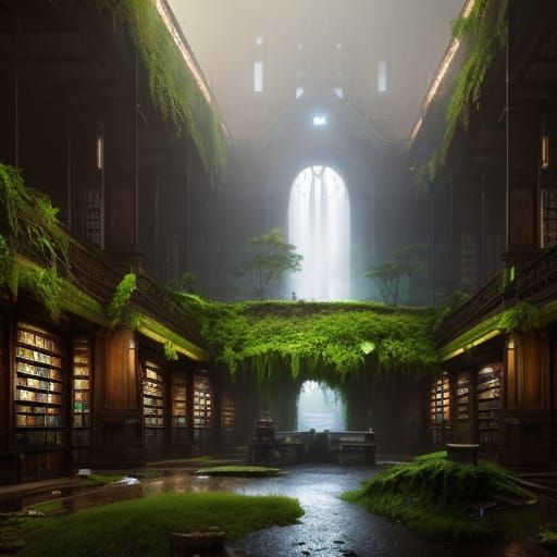 Overgrown and Waterlogged Library - AI Generated Artwork - NightCafe Creator