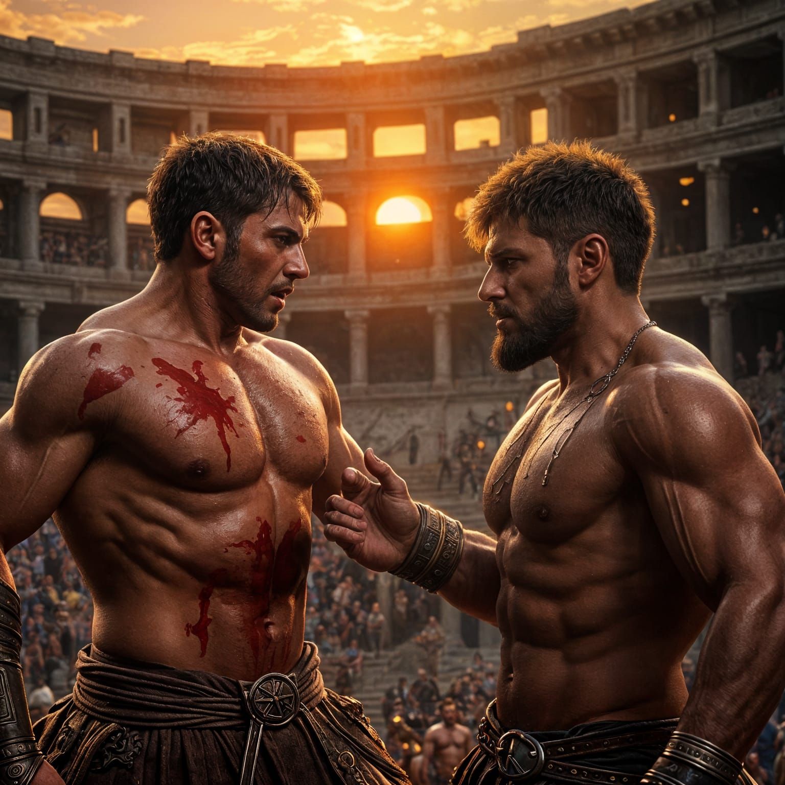 Muscular Gladiators Engage in Bloody Battle at Sun... - AI Art