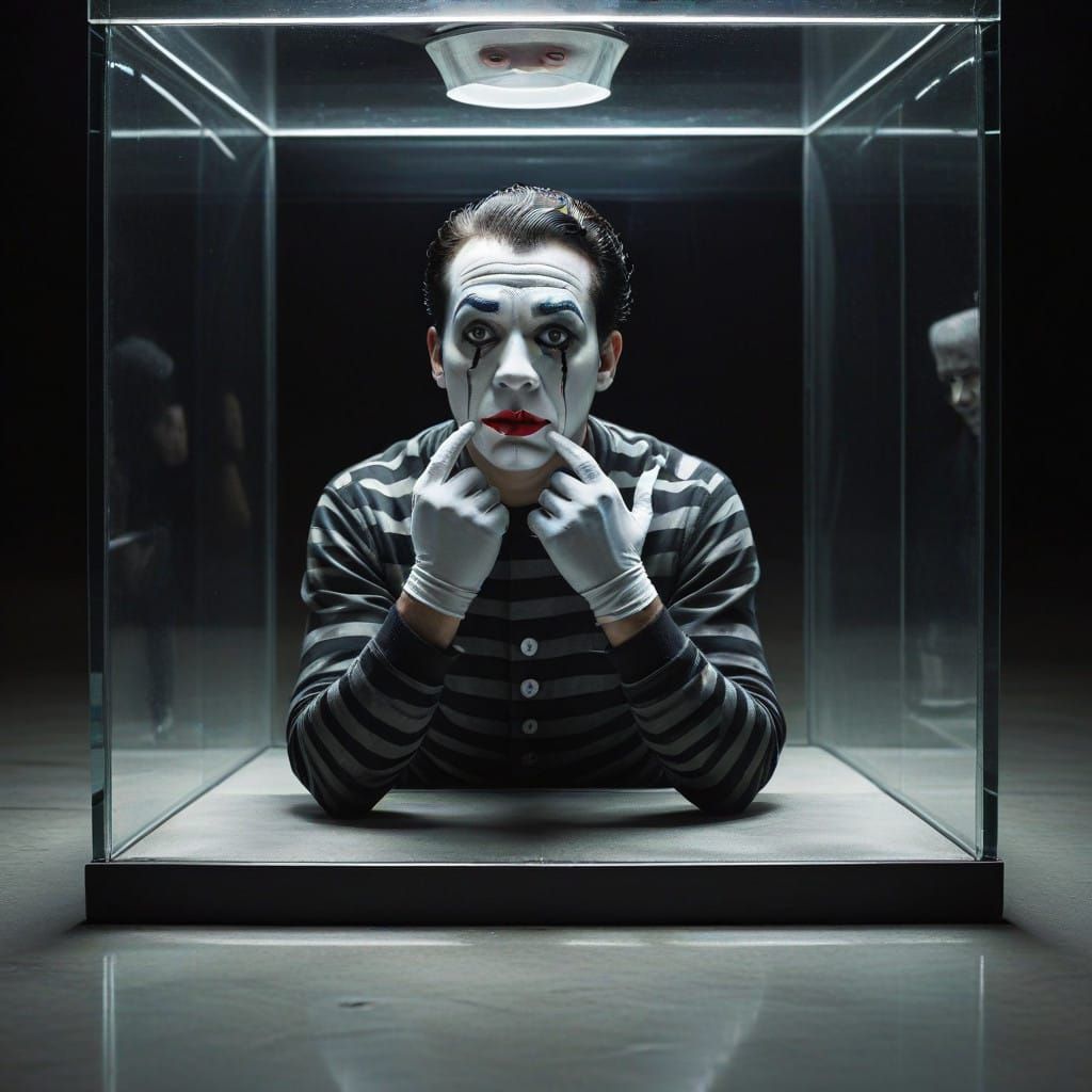 Mime in Glass Box with Confused Expression - AI Art