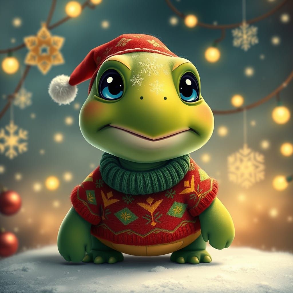 A petite, endearing green turtle with an oversized head, large ...