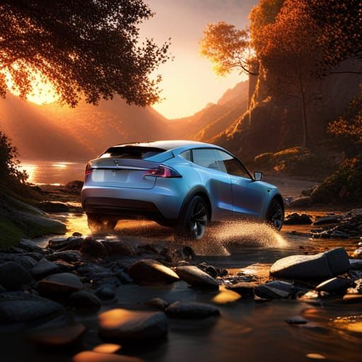 very detailed Tesla Model Y by a breathtakingly beautiful waterful with ...