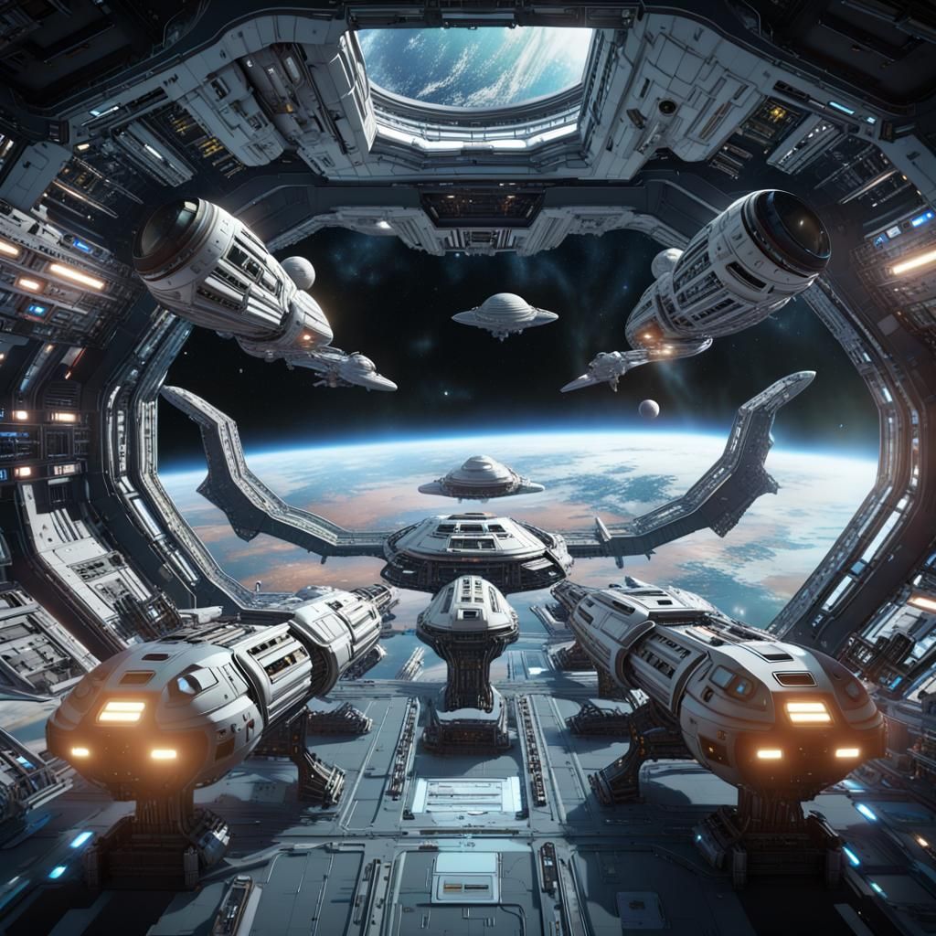 Wide camera view of an entire Space dock with spaceships coming and ...