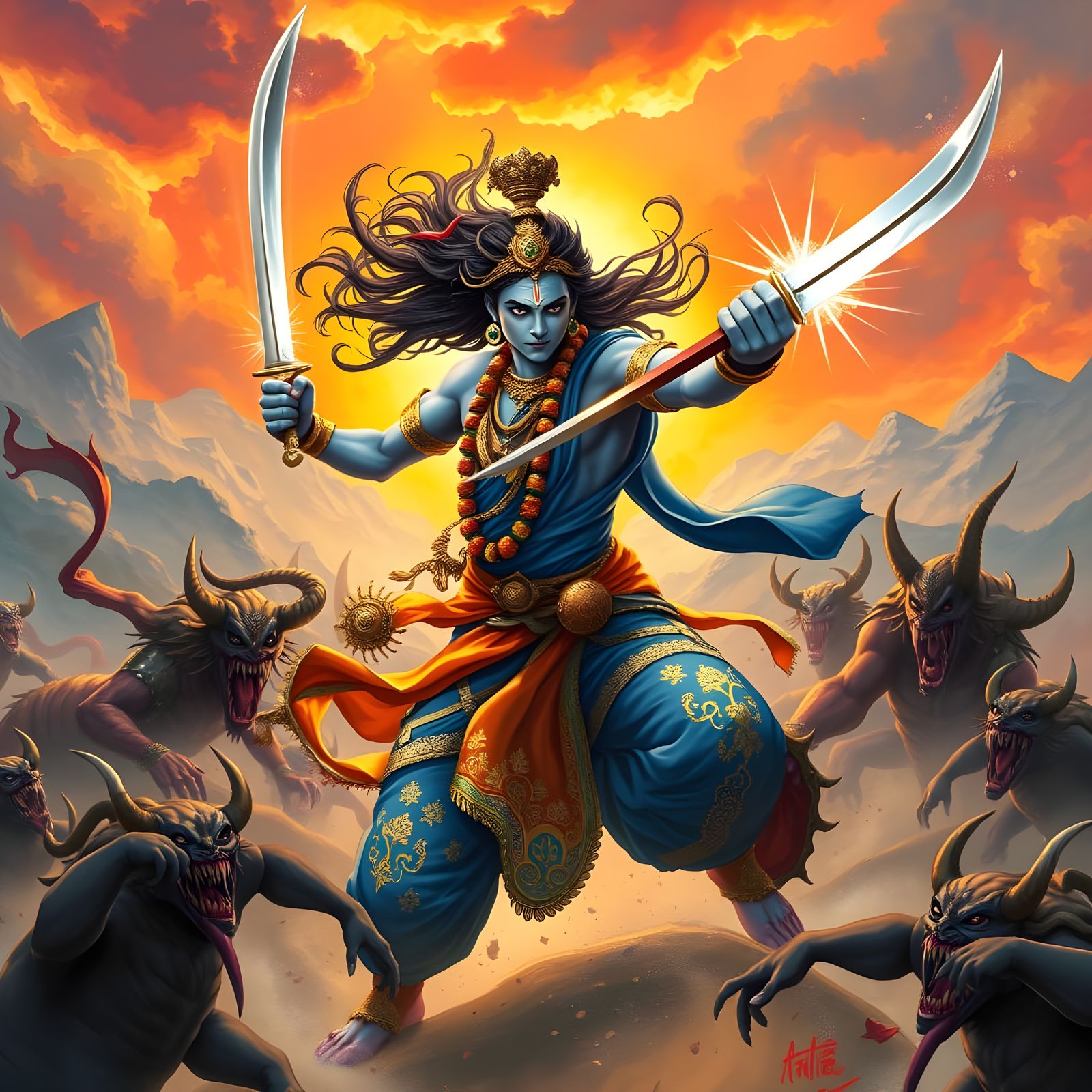 Lord krishna who is very handsome angrily slaying demons by swords