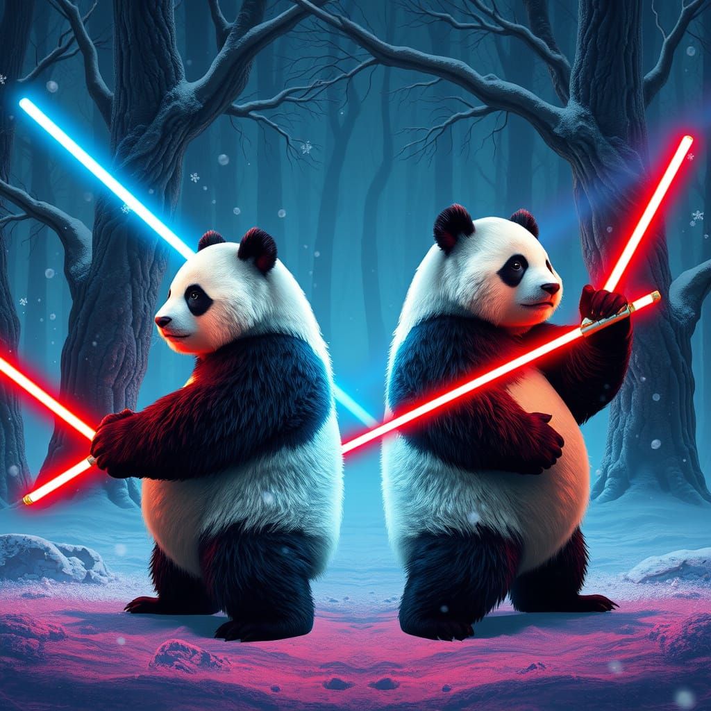 Pandas Face Off in Epic Snowy Duel - AI Art