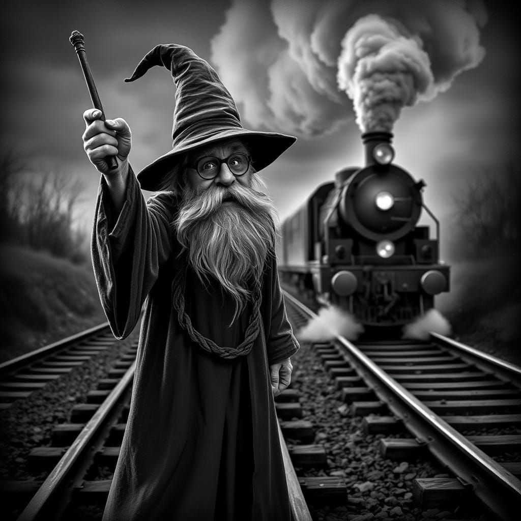 Gritty Wizard Stands Ground Against Oncoming Train... - AI Art