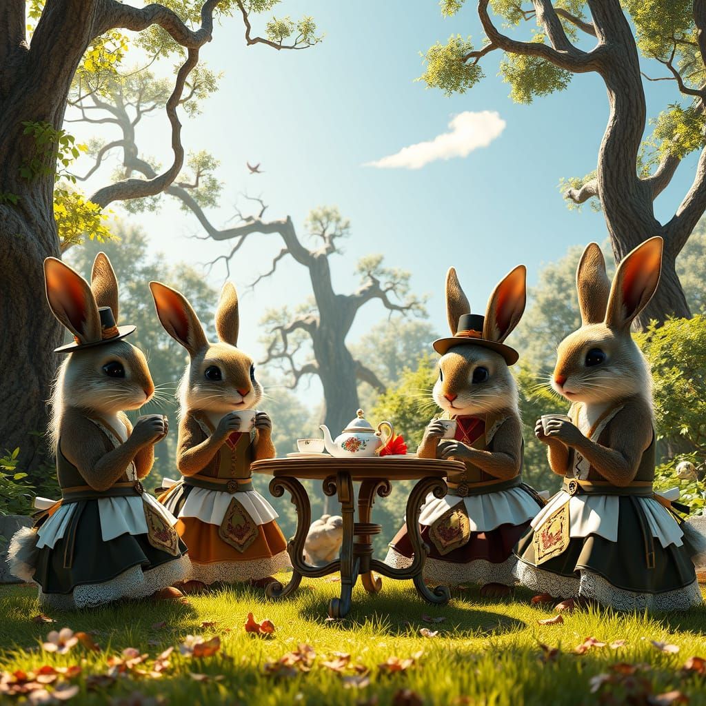 Rabbits in Victorian Attire Enjoy Tea in a Sunlit ... - AI Art