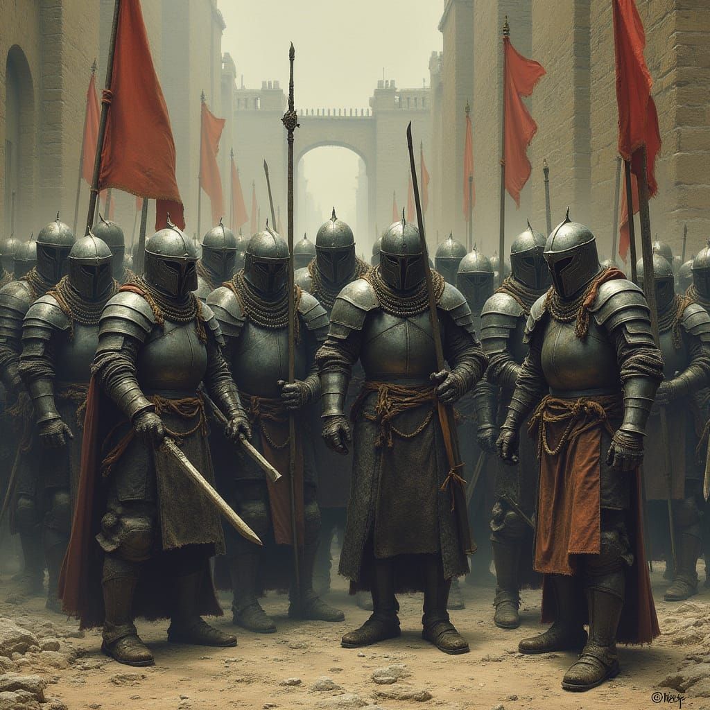 crowd of troops with swords - Armored Warriors Gather in Fo...