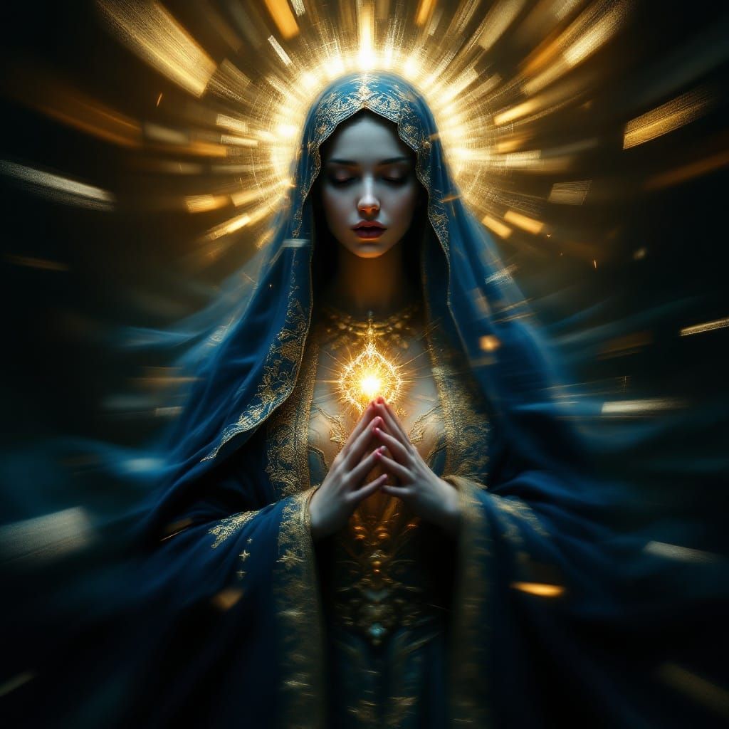 Virgin Mary, adorned in deep blue and gold robes
