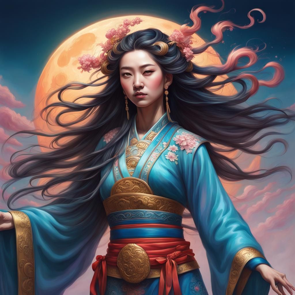 Chinese looking moon goddess with immense beauty... Flowing hairs and ...