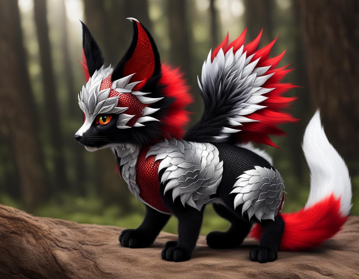 Cat-fox-dragon hybrid with red and black fur and silver scales - AI ...