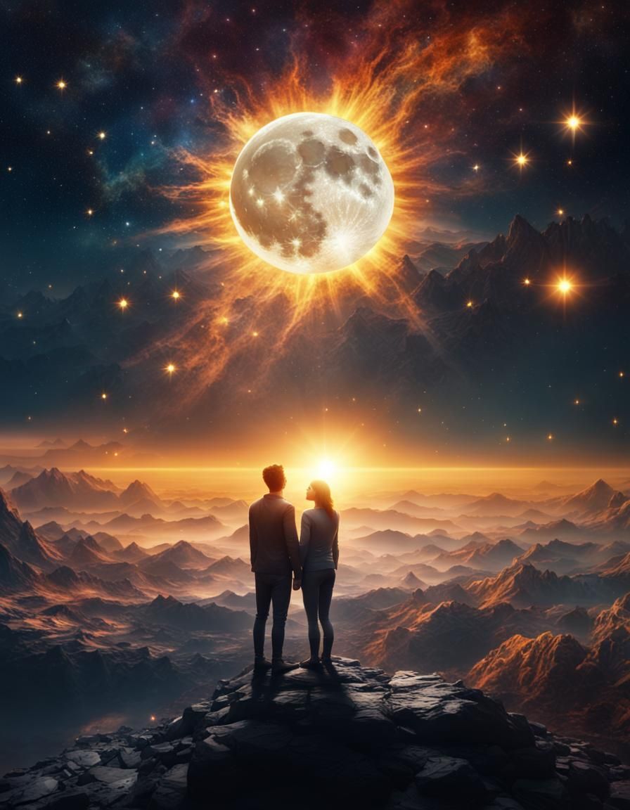 Moon and sun they meet up together in universe. Colorful stars sparkle ...