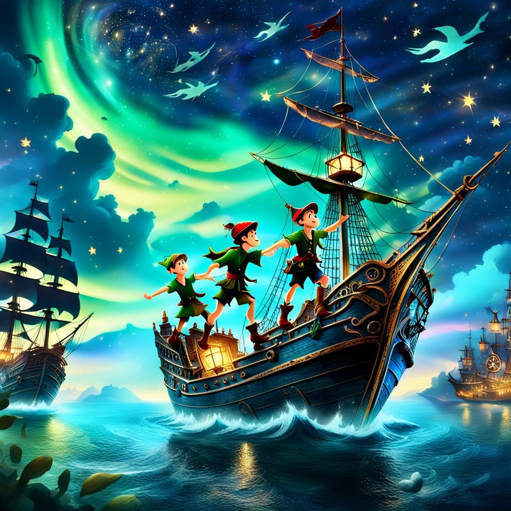 peter pan flying with his friend at night there were twinkle stars ...