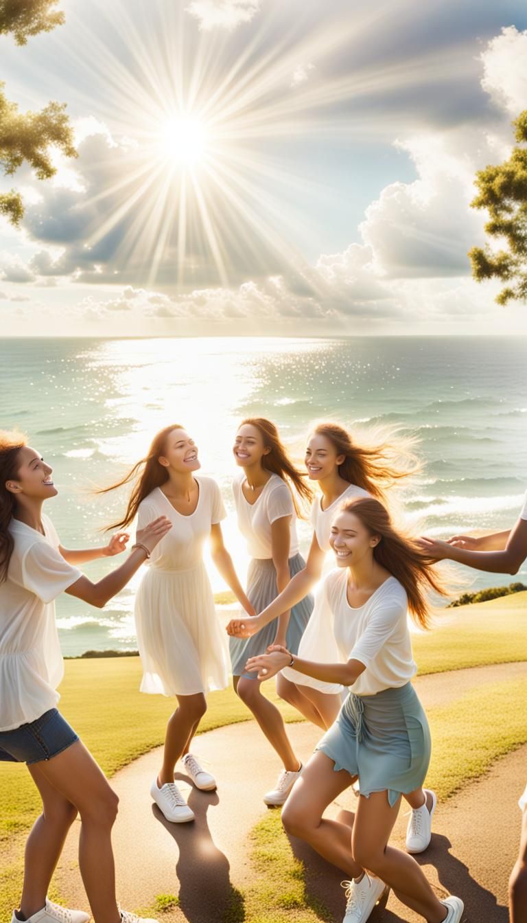 A group of teenagers playing in a park overlooking the ocean heavenly ... A group of teenagers playing in a park overlooking the ocean heavenly ...