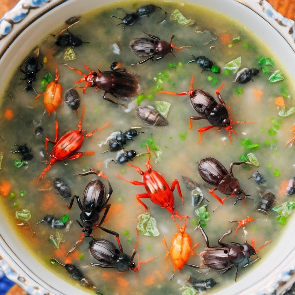 bugs in a bowl of soup - AI Generated Artwork - NightCafe Creator