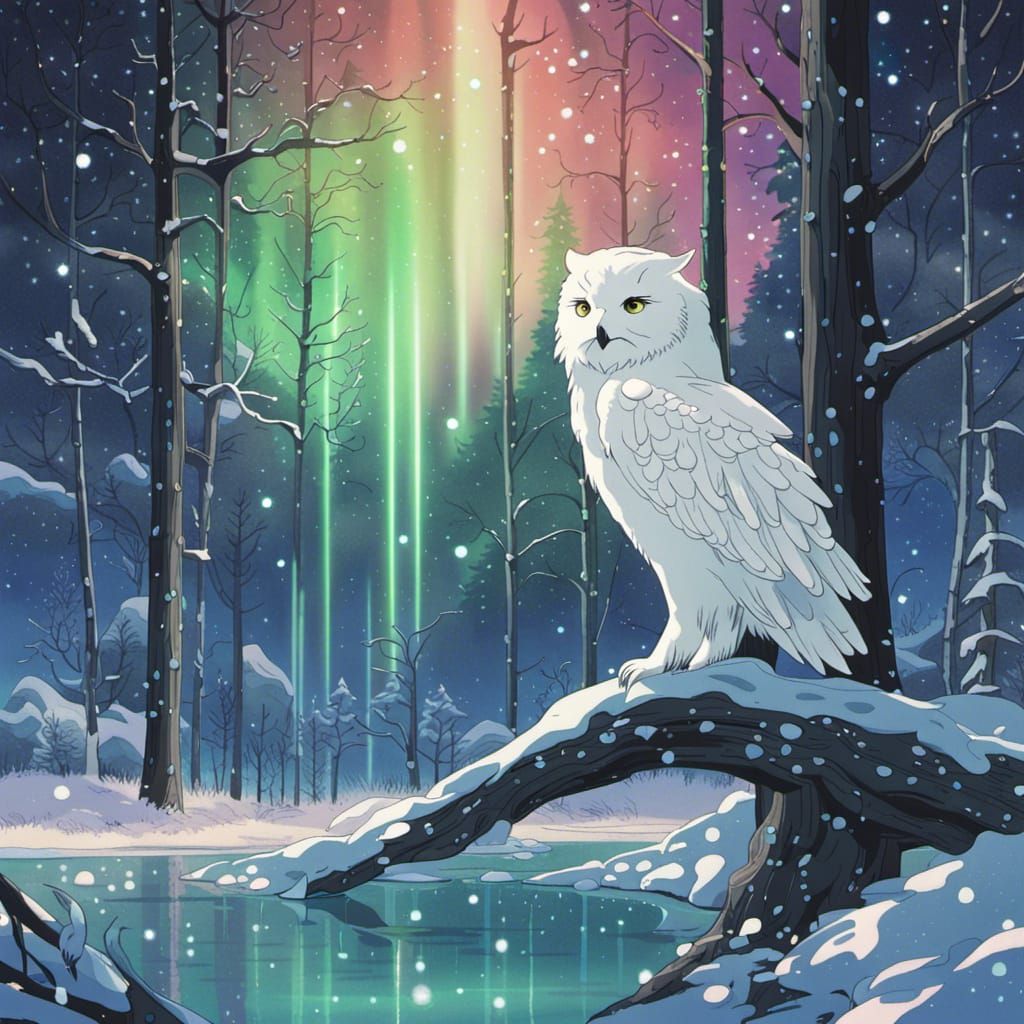 snowy forest with a white owl in the tree and white foxes playing in ...