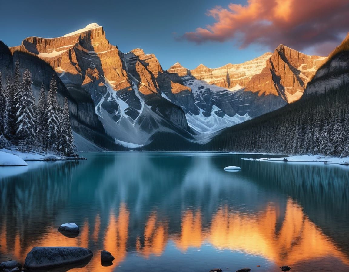 Banff National Park at Golden Hour, Digital Artwor... - AI Art