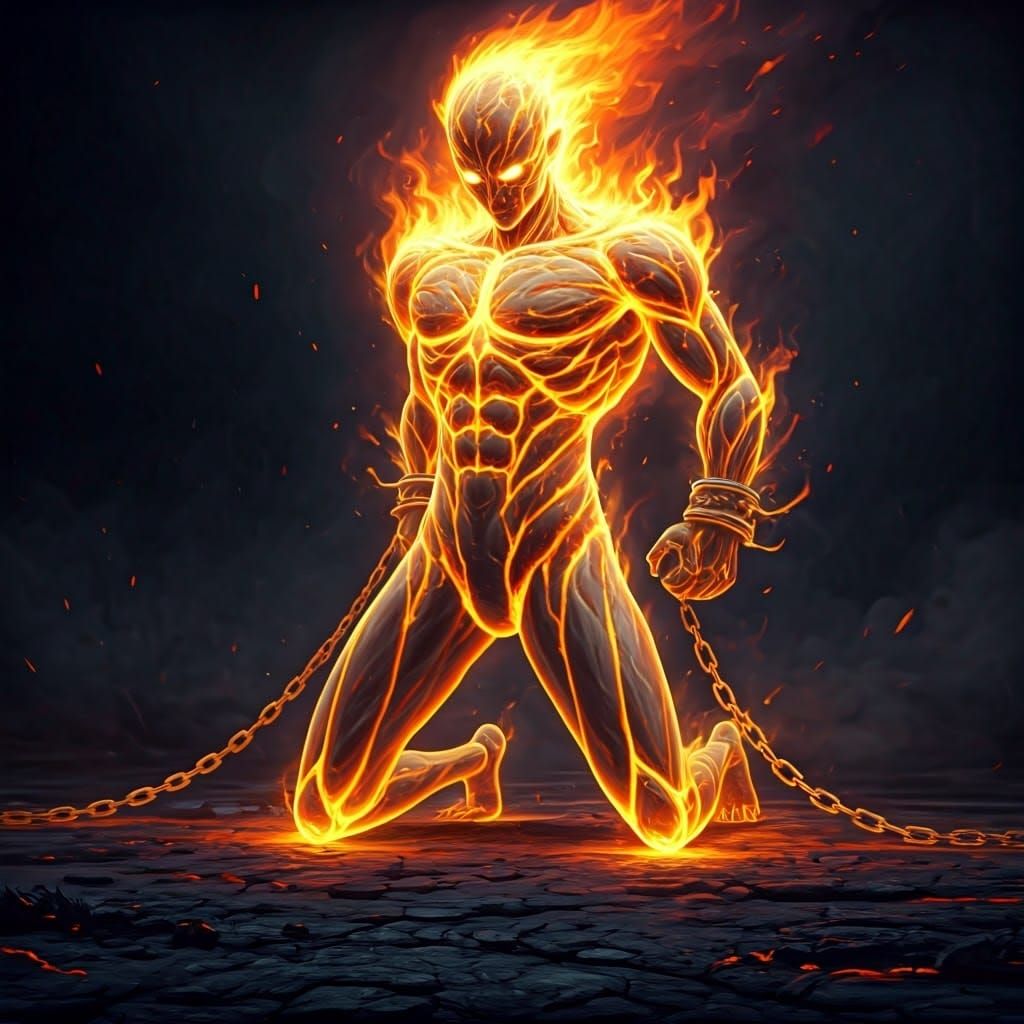 Chained - Fiery Creature Bound by Molten Chains in a Smolder...