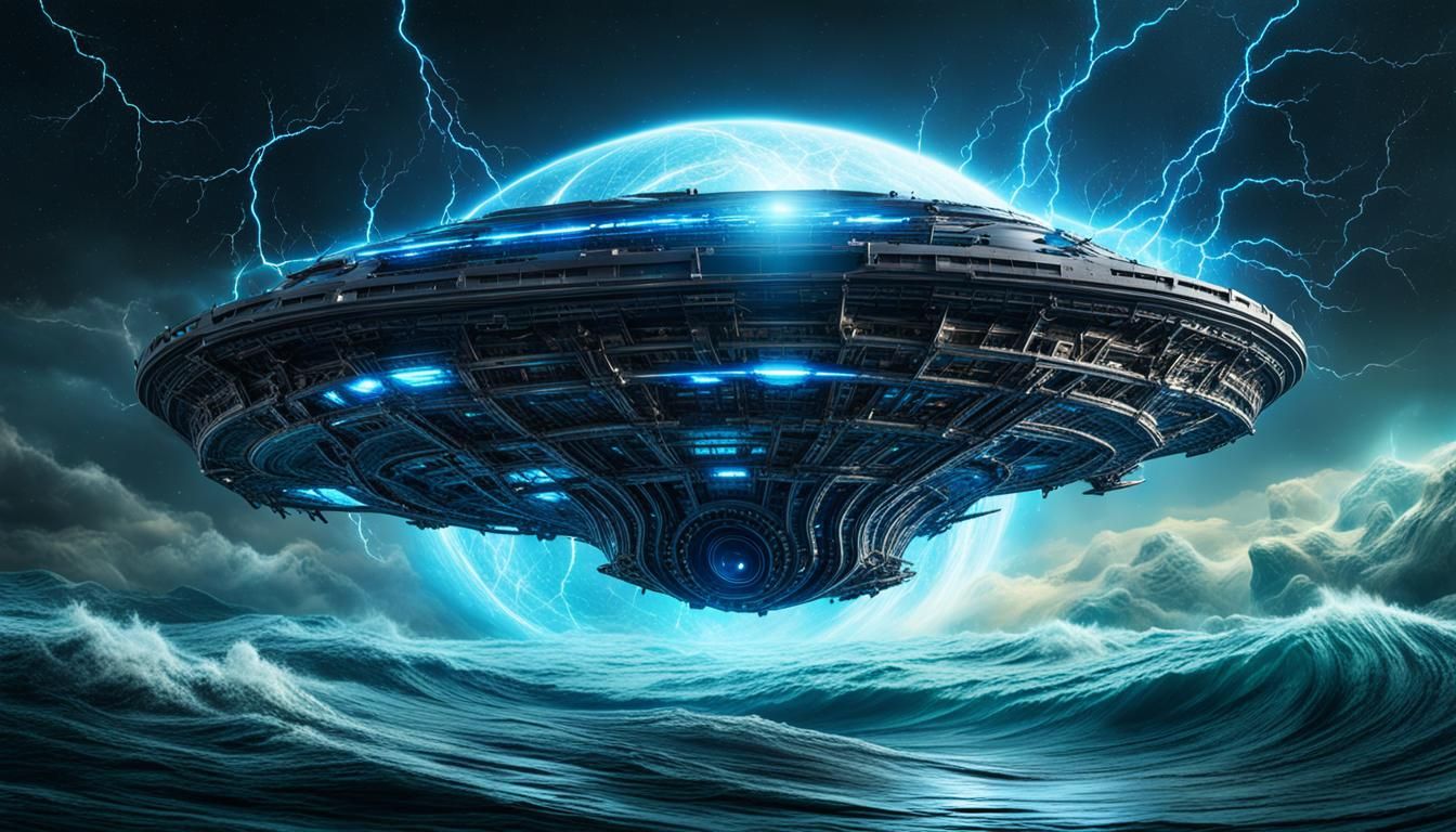 An alien starship traveling across the vastness of the cosmos to a ...