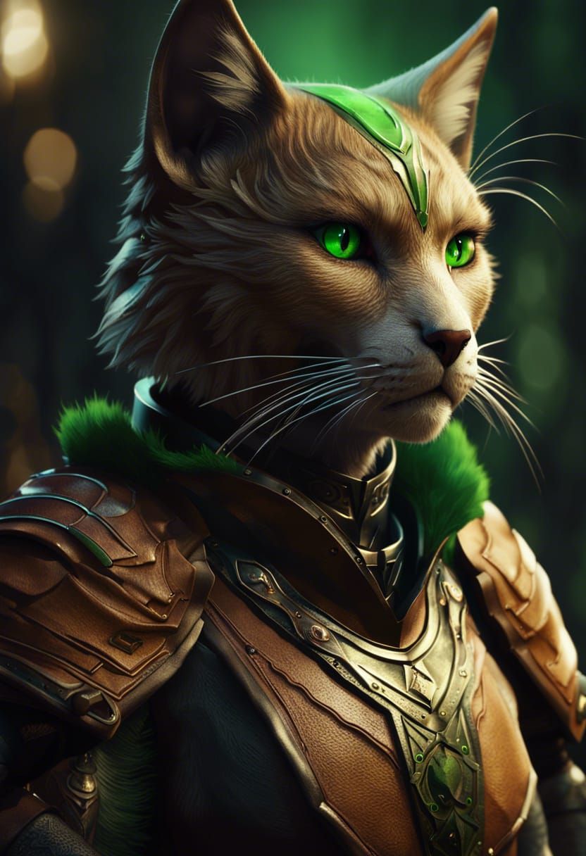 female tabaxi in slim light leather armor, light brown fur, bright ...