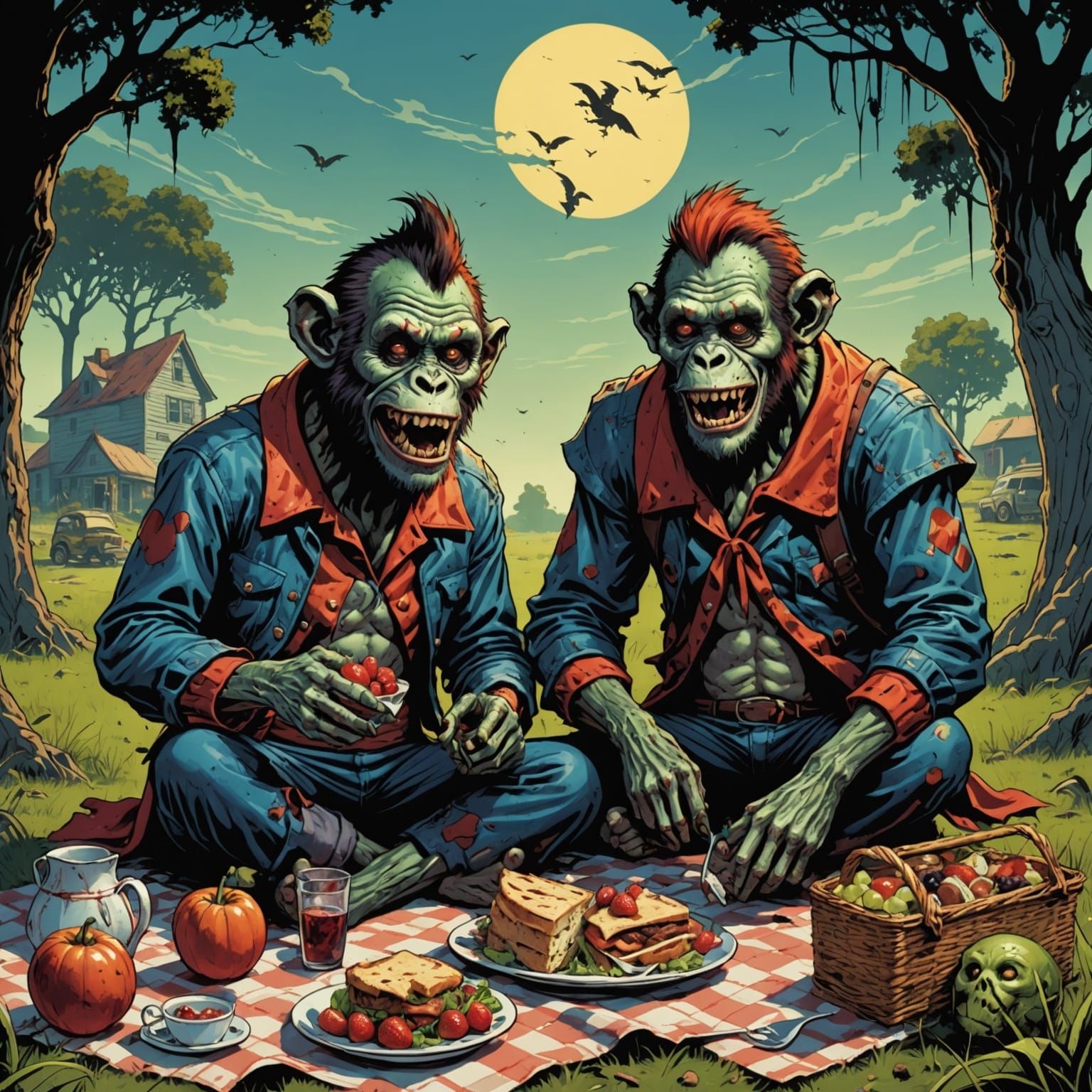 Zombie Monkey Monster Clown Friends Having a Picnic