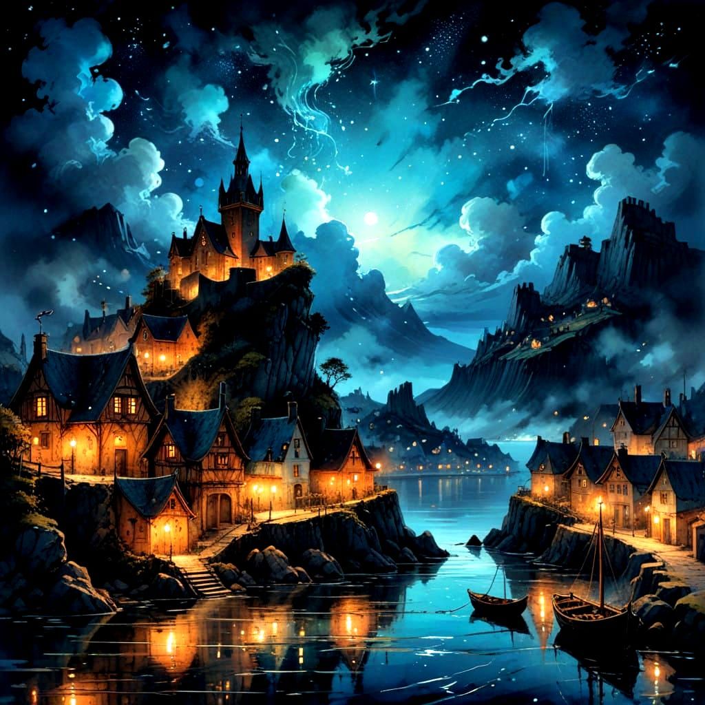 Port town under the endless starry sky