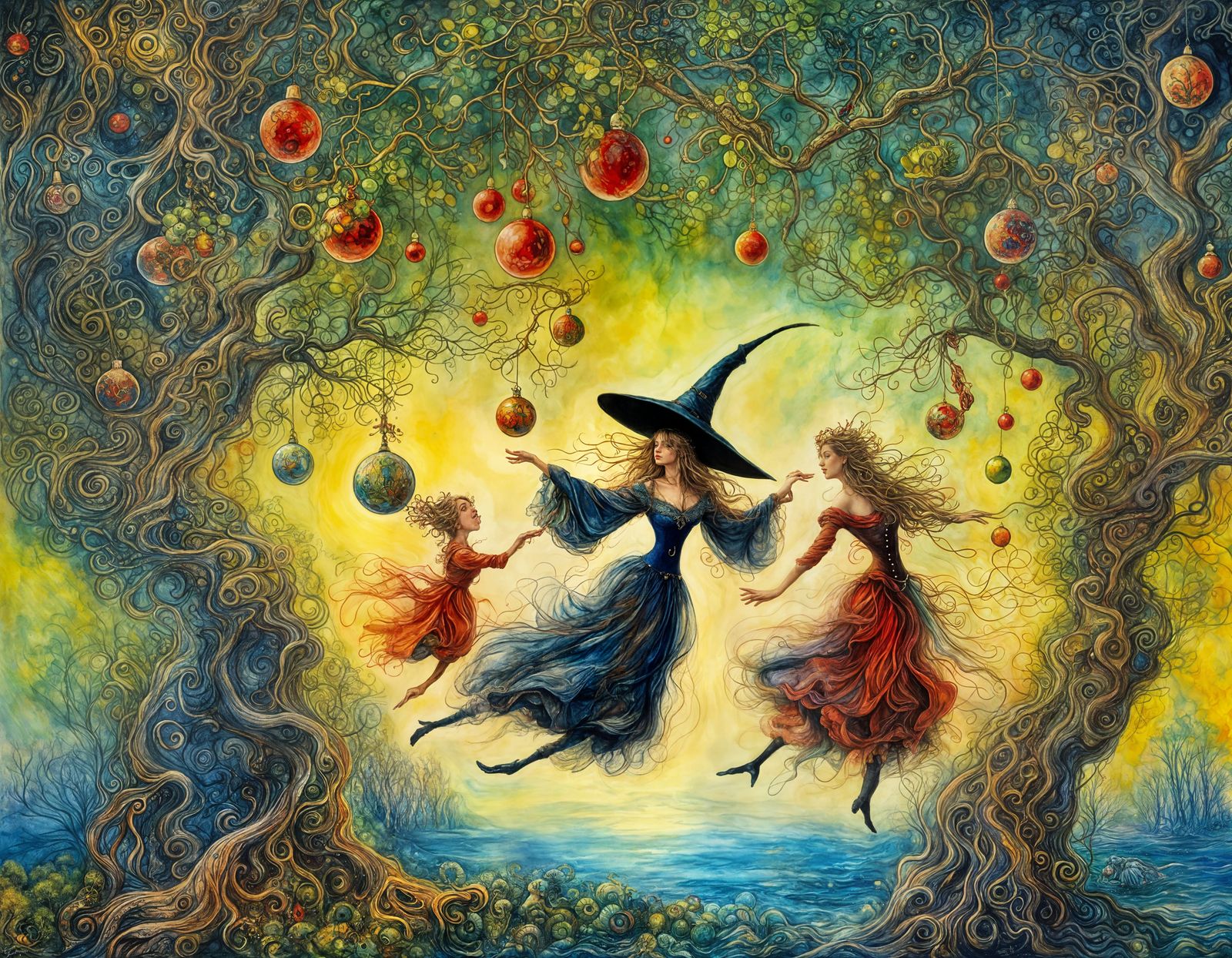 Dance of merry Christmas Witch under the mistletoe hanging in willows ...