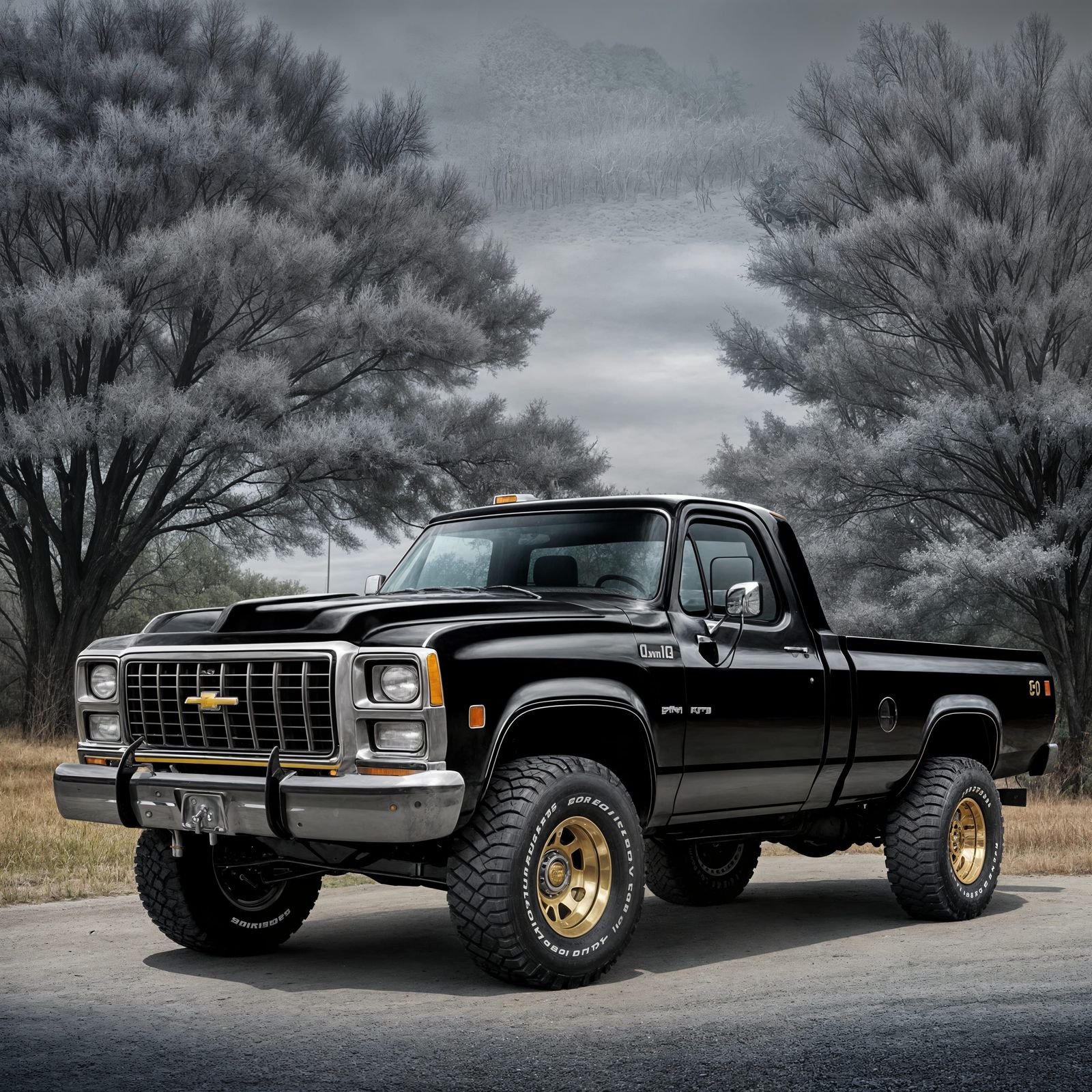 Satin Black 1979 Chevrolet Cheyenne K10 with Tree ... - AI Art